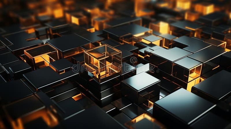 3d Rendering of a Black and Gold Cube Wall Stock Illustration ...