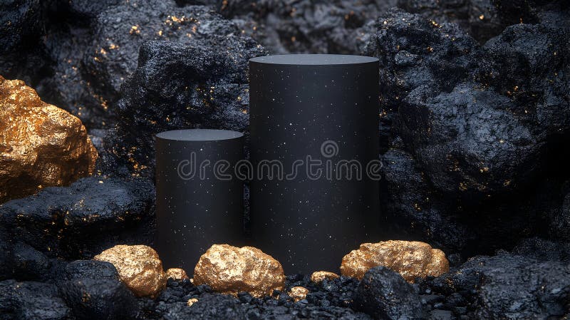3D Rendering of Black and Gold Cylinders on Black Rocks Stock ...