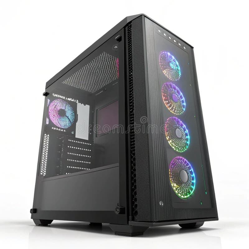 3D Rendering of a Black PC Case with Colored Lights Isolated on White ...