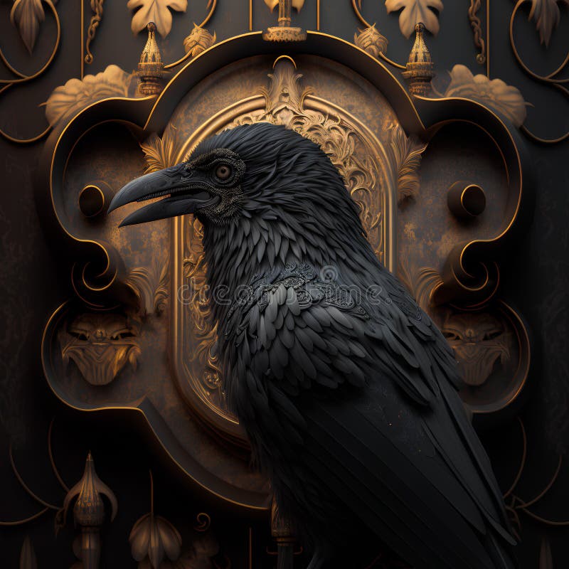 3D Rendering of a Black Raven on a Dark Background with a Gold Frame ...