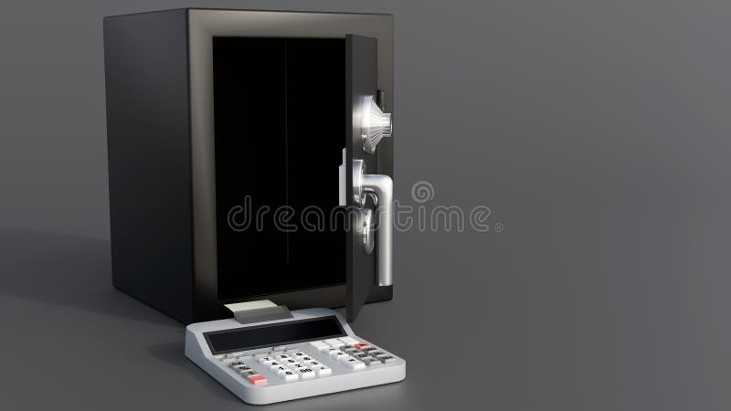 A 3d Rendering of Black Safe with Its Door Open and a Calculator Stock ...