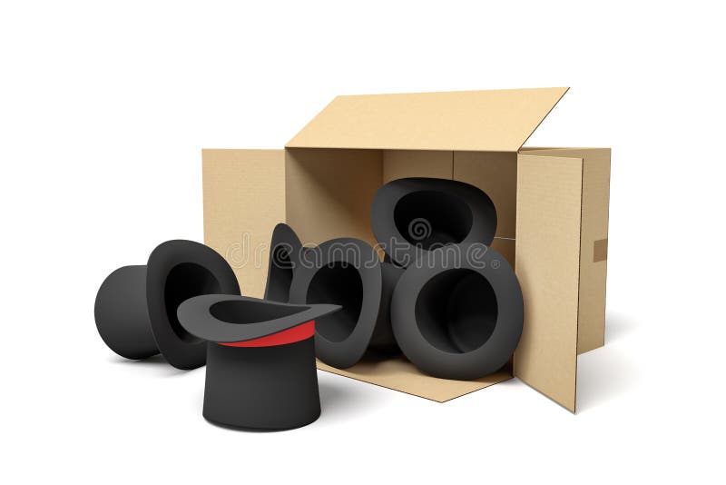 3d Rendering of Black Top Hats Falling Out of a Carton Box Stock ...
