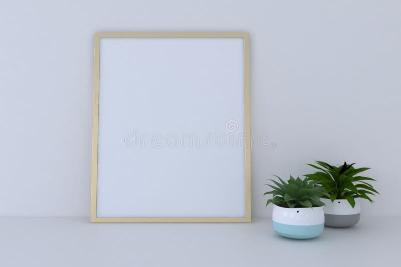 3d Rendering of a Blank Frame Leaning on a White Wall Near Flower Pots ...