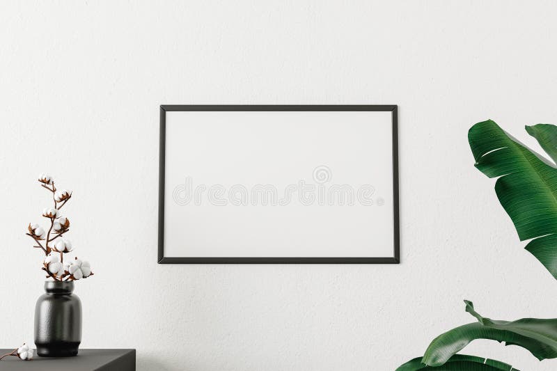 3D Rendering of Blank Rectangular Horizontal Frame Hanging on White ...