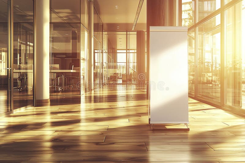 3D Rendering of a Blank Roll-up Banner in a Modern Executive Office ...