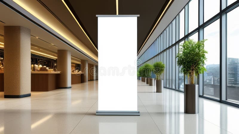 3d Rendering Blank Roll Up Banner Stand in Lobby of Modern Office Stock ...