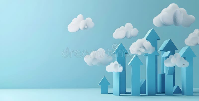 3D Rendering of Blue Arrows Pointing Upwards with Clouds Stock ...