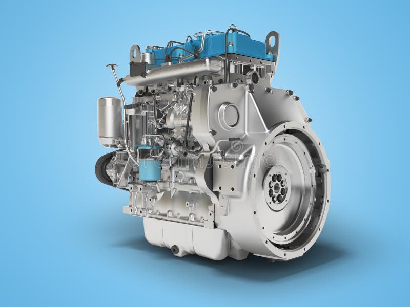 3D Rendering of Blue Diesel Engine for Car Assembly on Blue Background ...