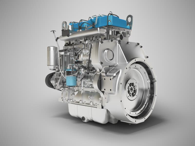 3D Rendering of Blue Diesel Engine for Car Assembly on Gray Background ...