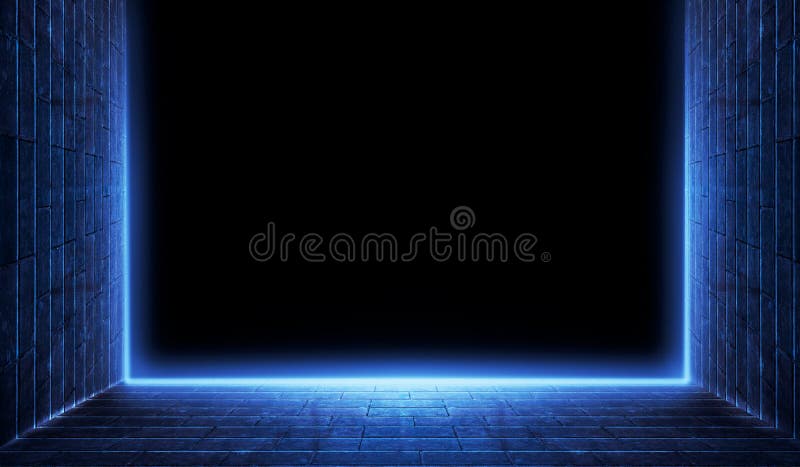 3D Rendering Blue Empty Space Framed Wall Neon Lights Stock ...