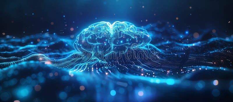 3D Rendering of a Blue, Glowing Digital Brain Floating on Top of Waves ...