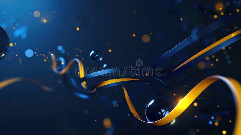 3D Rendering of Blue and Gold Flowing Ribbons on a Dark Blue Background ...