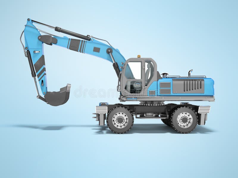 Blue Hydraulic Wheeled Excavator Perspective View 3D Rendering on White ...