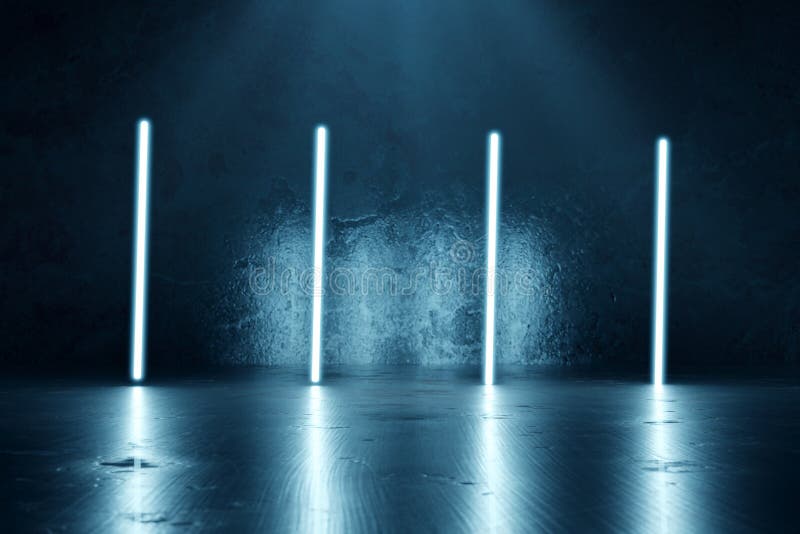 3d Rendering of Blue Lighten Line Shape with Light Beam and Grunge Wall ...