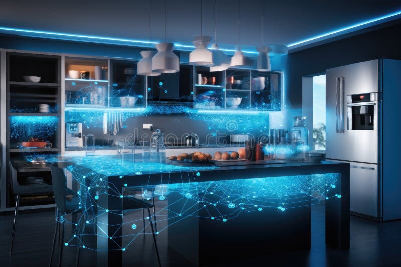 3d Rendering of Blue Modern Kitchen with Technology Network on the Wall ...