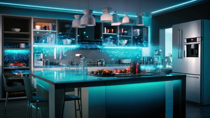 3d Rendering of Blue Modern Kitchen with Technology Network on the Wall ...
