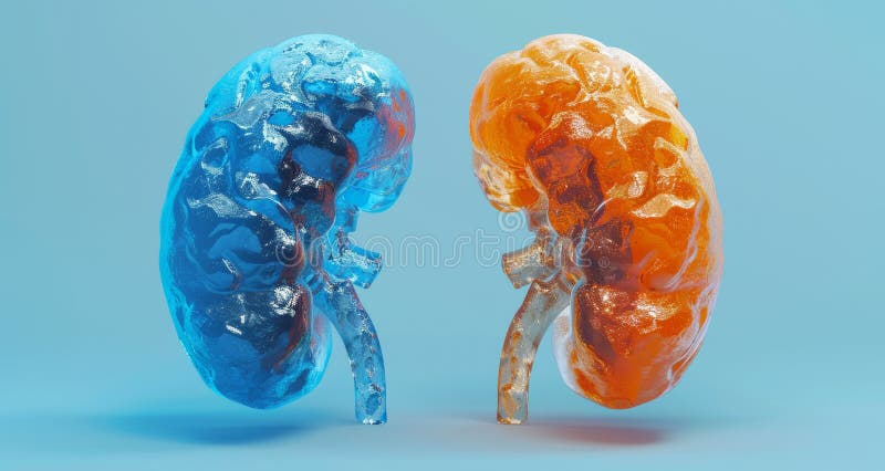 3D Rendering of Blue and Orange Human Kidneys on a Light Blue ...