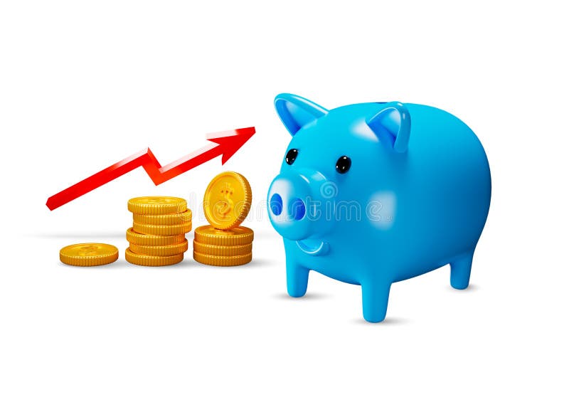 3d Rendering Blue Piggy Bank with Red Arrow and Stack Coins on White ...