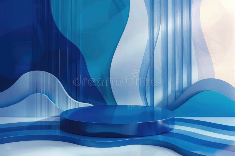 A 3D Rendering of a Blue Platform with Abstract Wave-like Shapes in the ...
