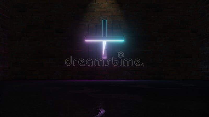 3D Rendering of Blue Violet Neon Plus Symbol Icon on Brick Wall Stock ...