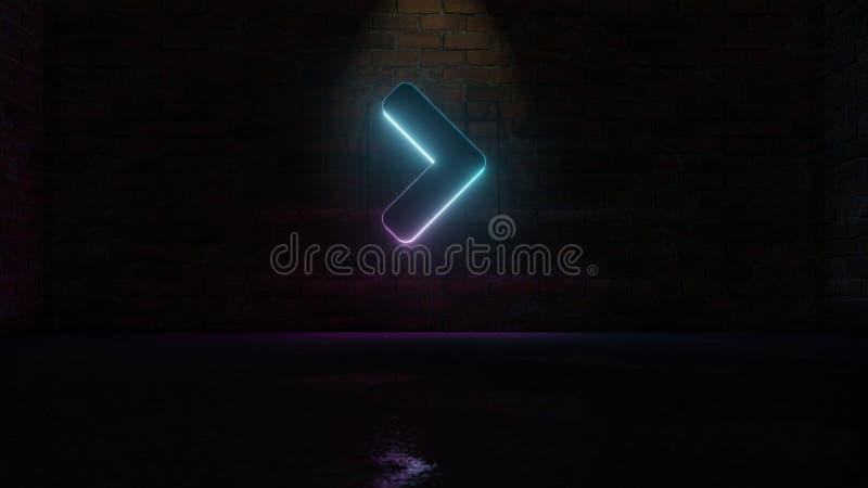 3D Rendering of Blue Violet Neon Symbol of Angle Right Icon on Brick ...