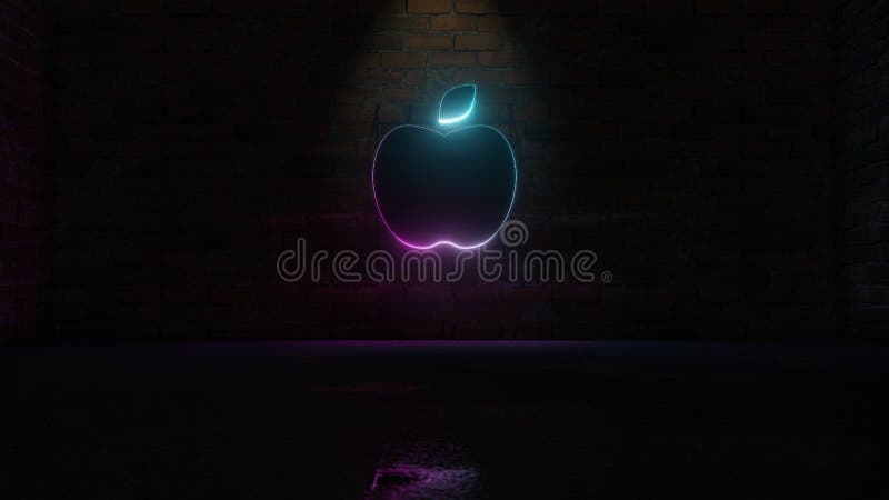 3D Rendering of Blue Violet Neon Symbol of Apple Icon on Brick Wall ...