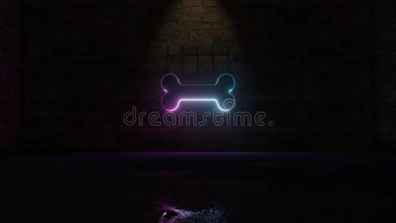 3D Rendering of Blue Violet Neon Symbol of Bone Icon on Brick Wall ...