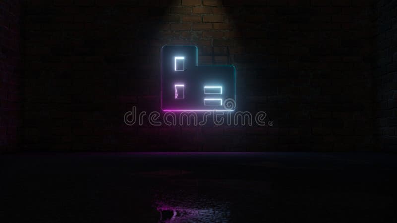 3D Rendering of Blue Violet Neon Symbol of Building Icon on Brick Wall ...