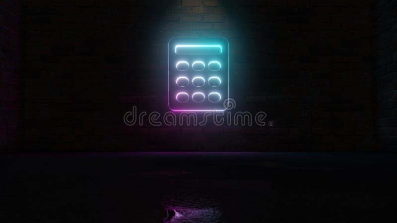 3D Rendering of Blue Violet Neon Symbol of Calculator Icon on Brick ...