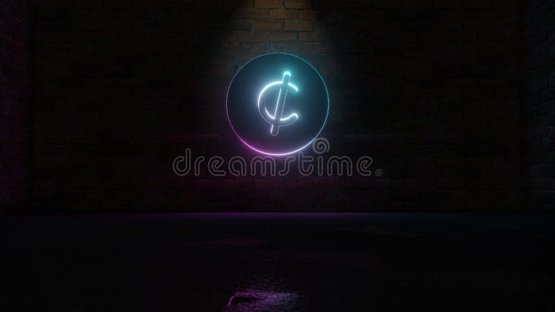 3D Rendering of Blue Violet Neon Symbol of Cent Icon on Brick Wall ...