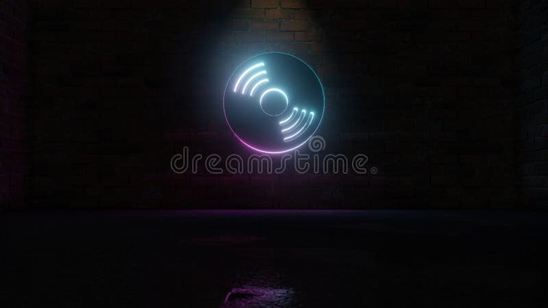 3D Rendering of Blue Violet Neon Symbol of Compact Disc Icon on Brick ...