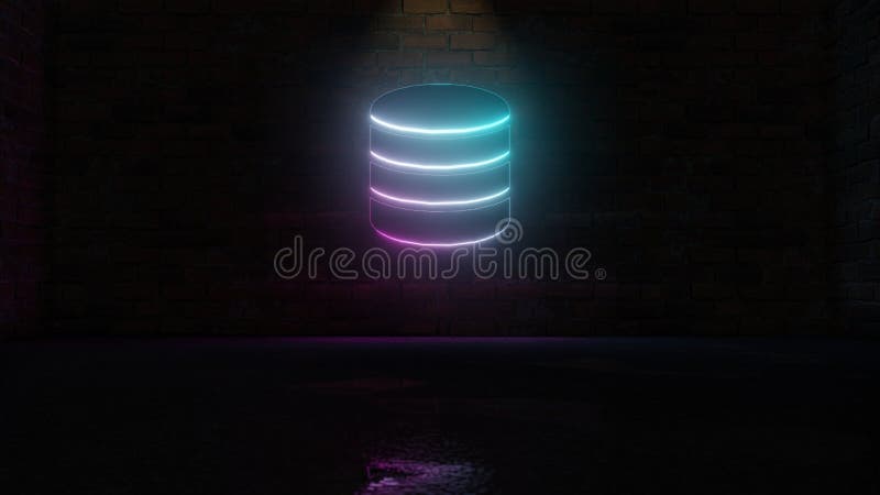 3D Rendering of Blue Violet Neon Symbol of Database 1 Icon on Brick ...