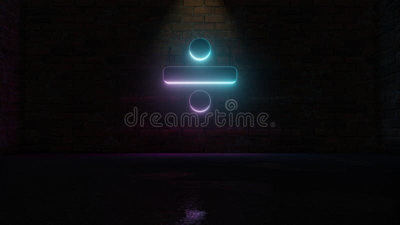 3D Rendering of Blue Violet Neon Symbol of Divide Icon on Brick Wall ...