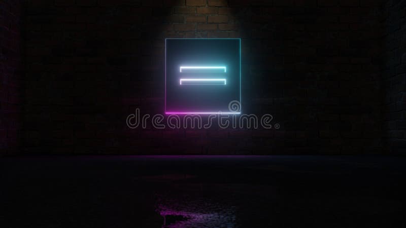3D Rendering of Blue Violet Neon Symbol of Equal Icon on Brick Wall ...