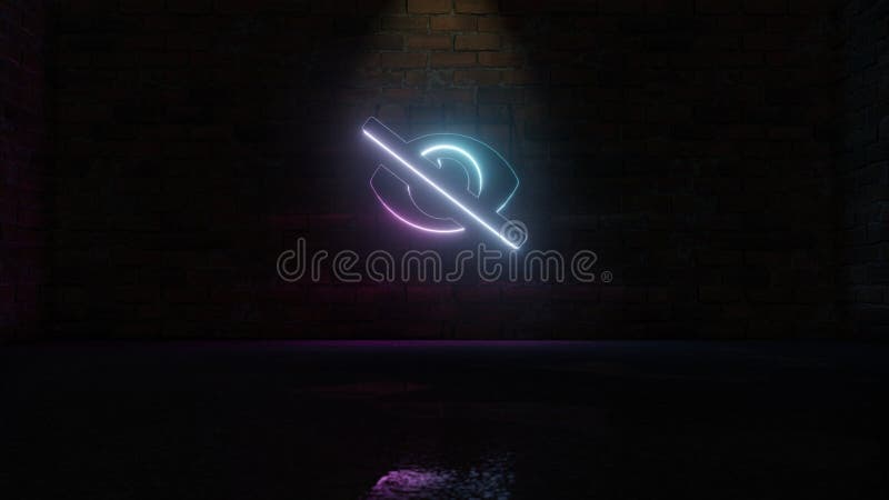 3D Rendering of Blue Violet Neon Symbol of Eye Slash Icon on Brick Wall ...