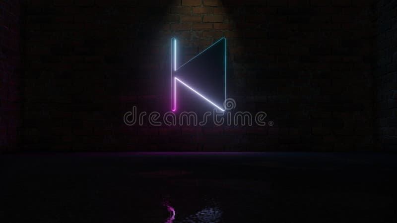 3D Rendering of Blue Violet Neon Symbol of Stop Back Left Icon on Brick ...