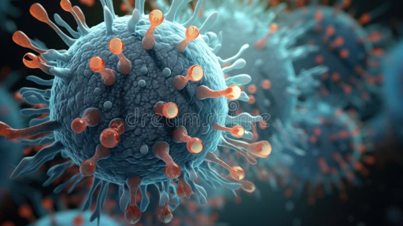 3D Rendering of a Blue Virus Cell with Spiky Outer Shell on a Blue ...