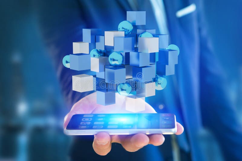 3d Rendering Blue and White Cube on a Futuristic Interface Stock Photo ...