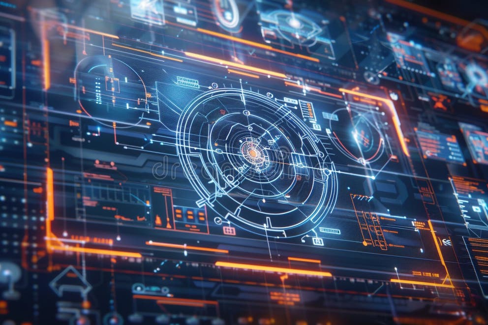 3D Rendering of a Blueprint Displayed on a Virtual Screen Scifi HUD ...