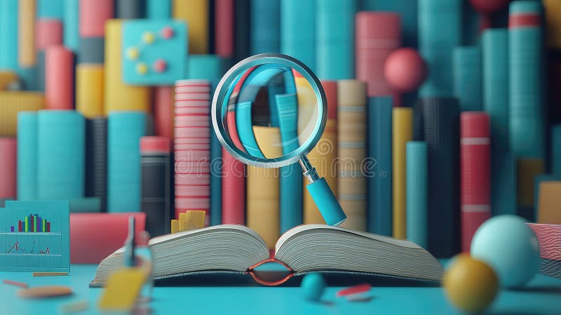 3D Rendering of Book Icons, Graph, and Magnifying Glass Representing ...