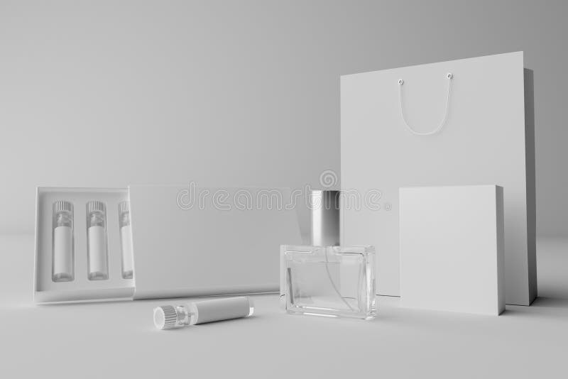 3D Rendering of a Box Mockup with Fragrance Samples, Perfume Pouch and ...