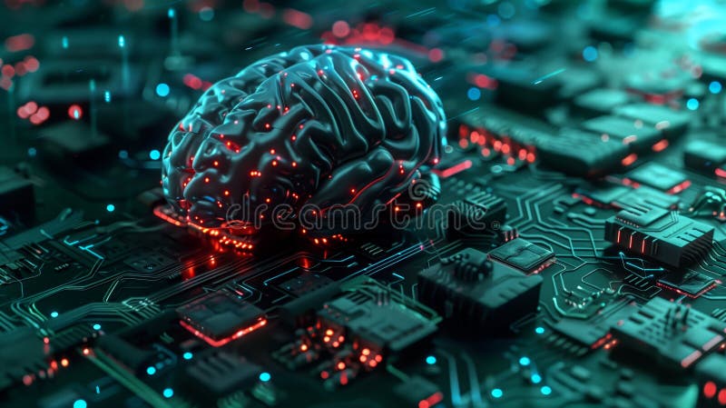 3D Render of a Brain on a Circuit Board Stock Illustration ...