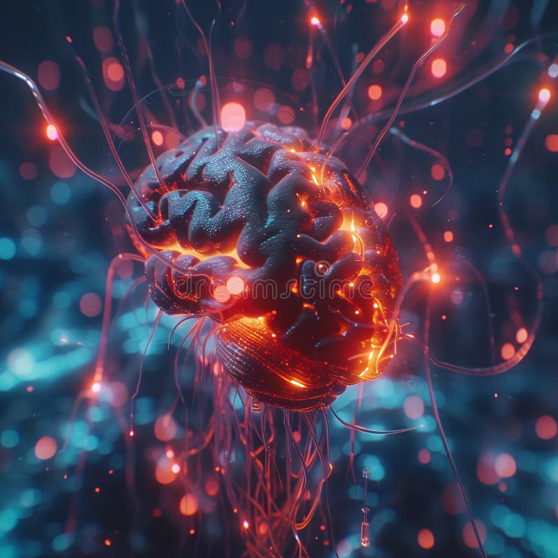 A 3D Rendering of a Brain with Glowing Wires, in Electric Blue Light ...