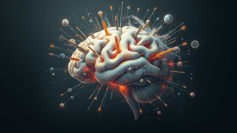A 3D Rendering of a Brain with Pins and Planets Bursting Outward Stock ...