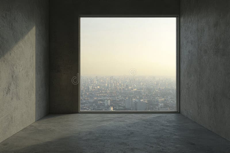 3D Rendering of Bright Interior with Concrete Wall, Wooden Flooring ...