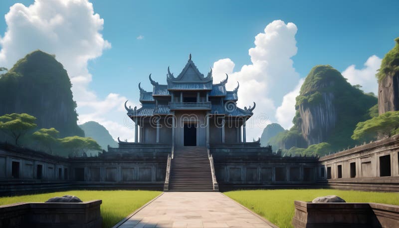 3D Rendering of a Buddhist Temple in the Middle of a Rice Field ...