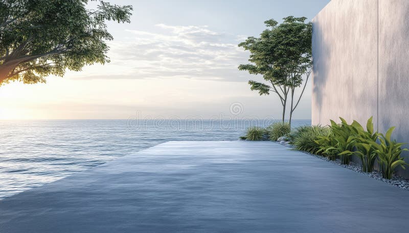 3d Rendering of a Building Wall Landscape on the Sea with an Empty ...