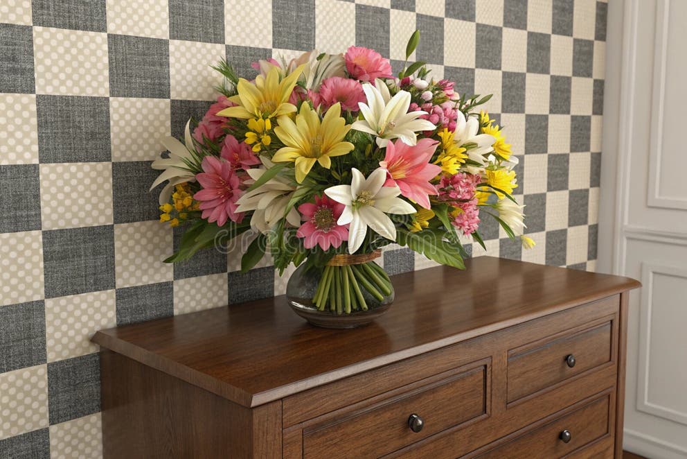 Bunch of Flowers on Chest of Drawers with Checkered Wallpaper Stock ...