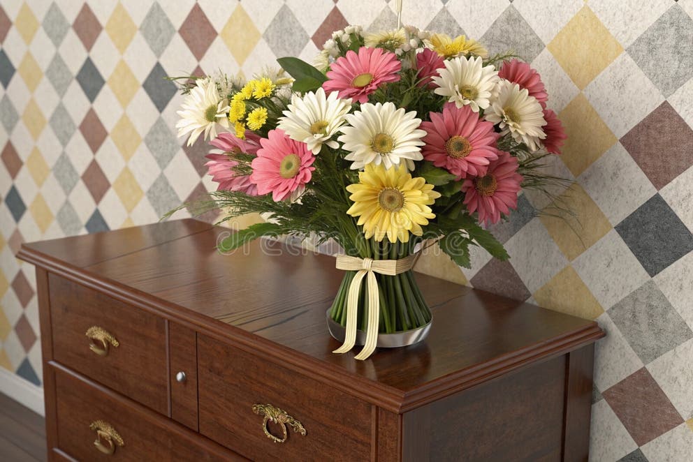 Bunch of Flowers on Chest of Drawers with Checkered Wallpaper Stock ...