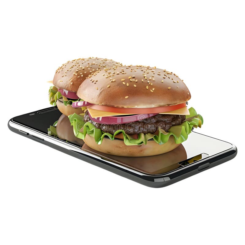 3D Rendering of a Burger and Fries on Mobile Phone on Transparent ...